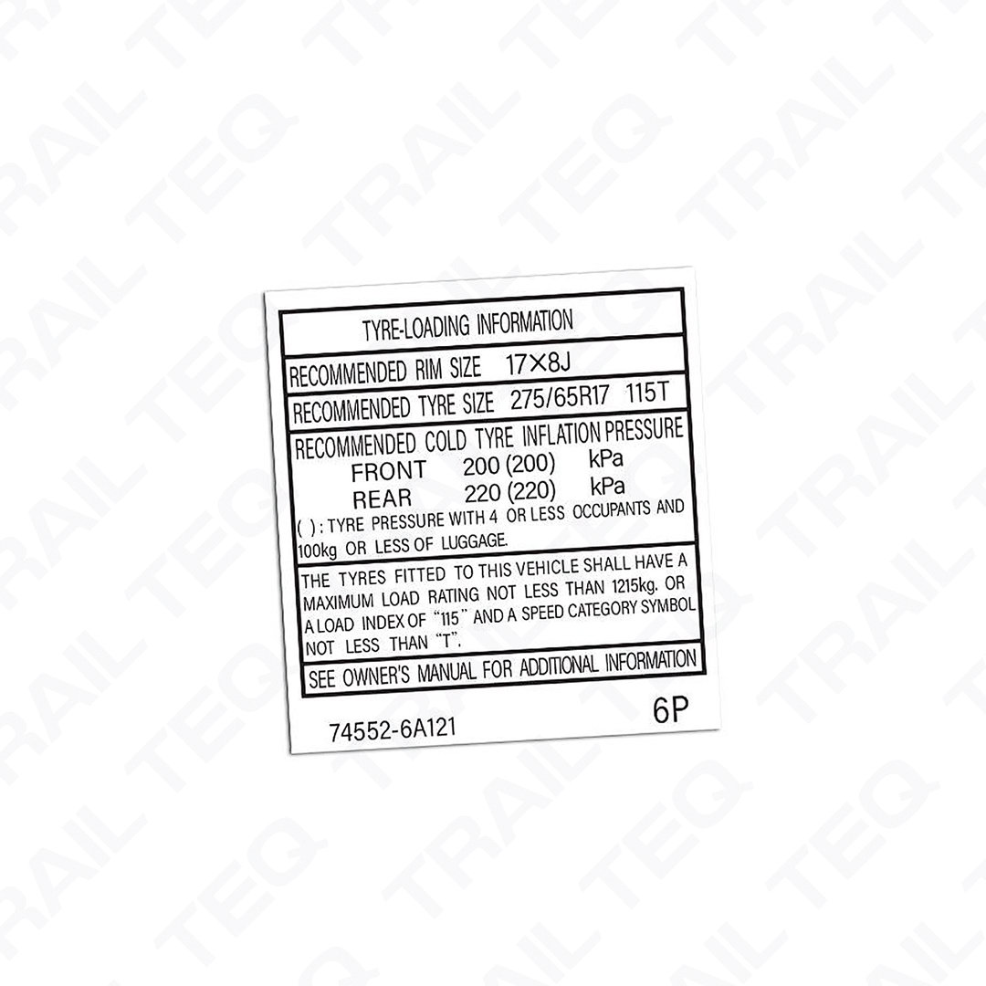 Tyre Information Placard (6A121) - 100 Series Landcruiser – Trail Teq